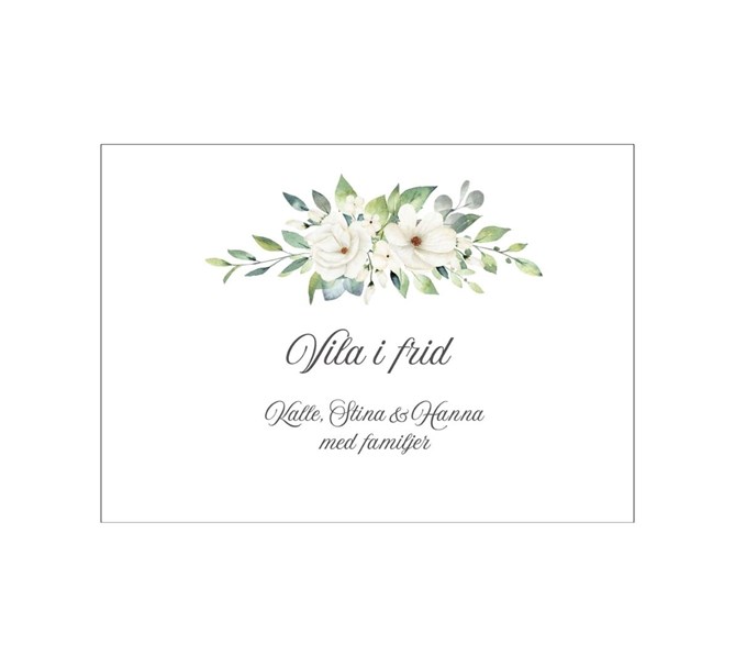 Laminerat Personligt Kort till begravning Vita rosor - Kalasdekorationer