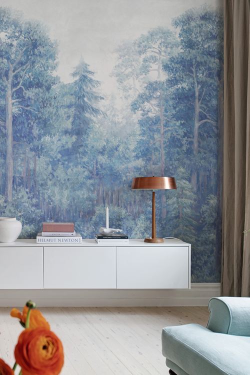 Green Wood tapet - handmålad skog i blågröna toner
